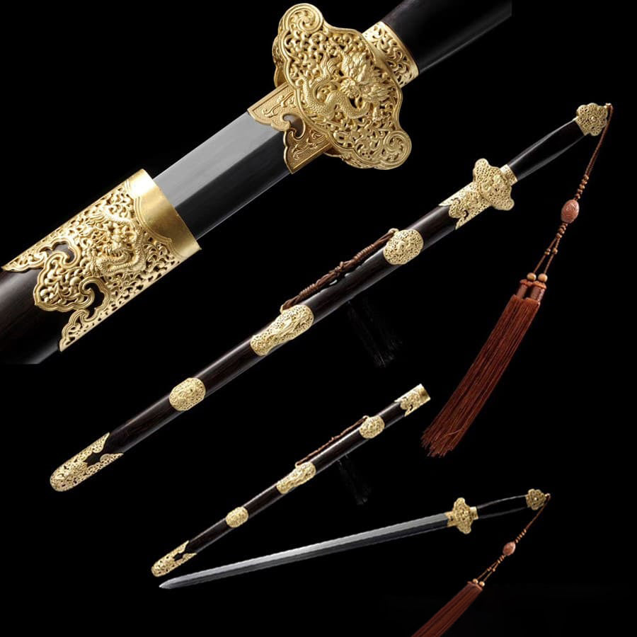 Gold Dragon Jian Hand Forged Folded Damascus Steel Blade Battle Ready ...