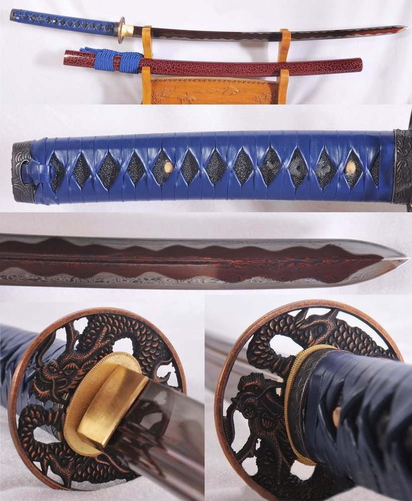 Hand Forged Red and Black Folded Steel Double Edge Blade Samurai Katana ...