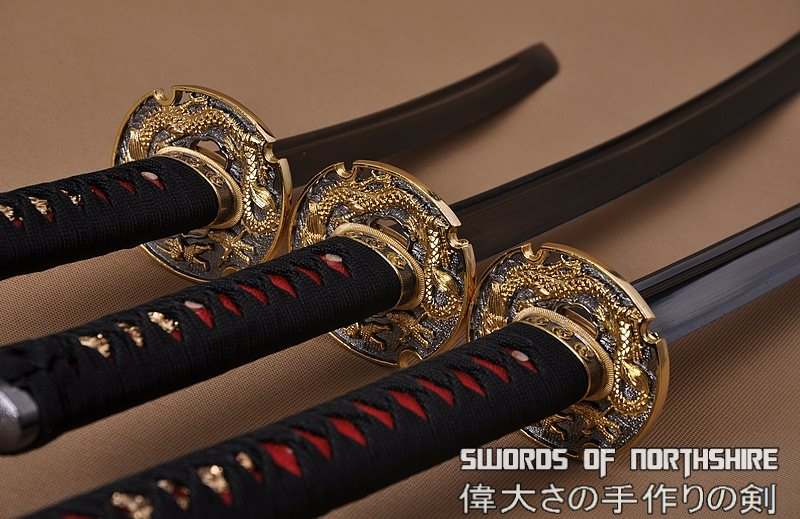 Hand Forged 1060 Steel Black Blade Katana, Wakizashi, and Tanto Samurai ...
