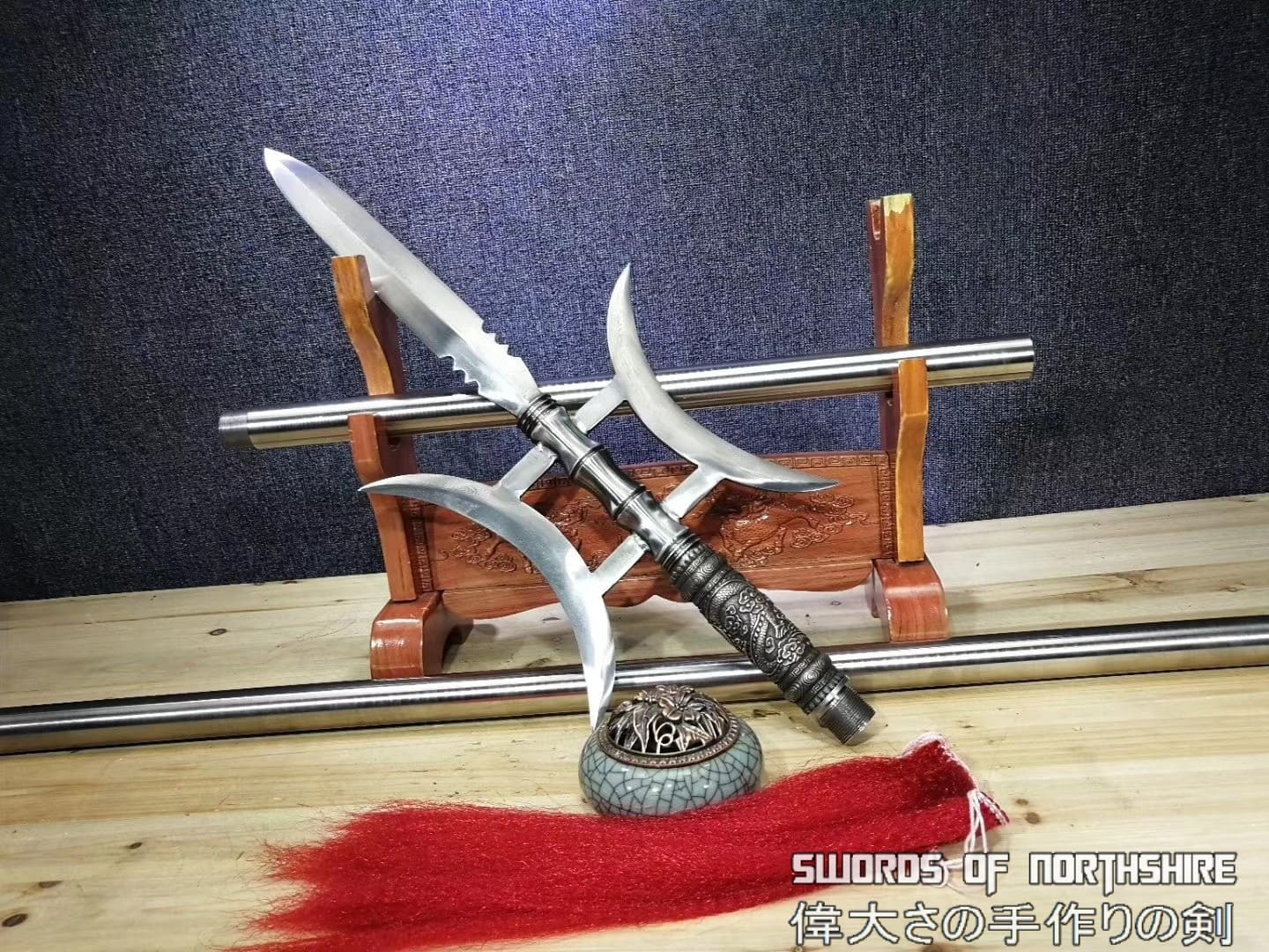 Three Kingdoms Chinese Double Halberd Spear Hand Forged Folded Steel ...
