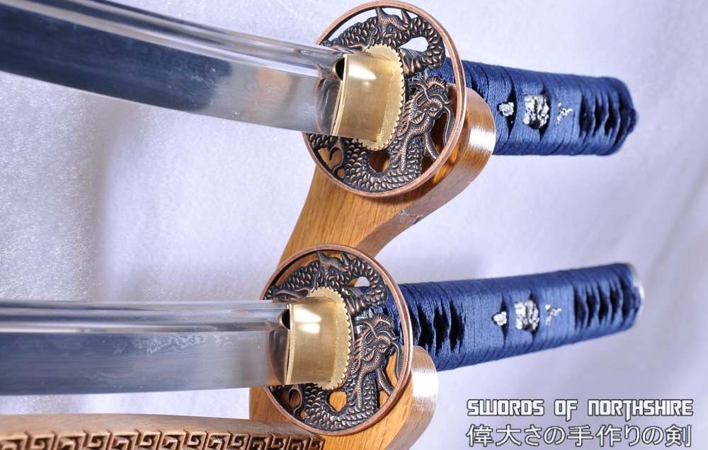 Hand Forged Folded Steel Katana & Wakizashi Blue Dragon Samurai Sword Set